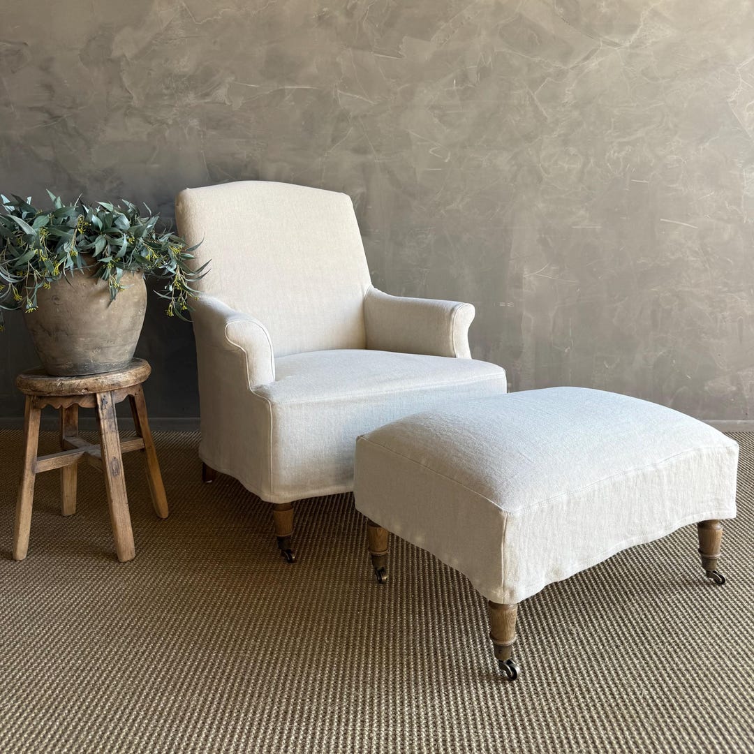 Alma Linen Slip Covered Club Chair With White Oak Legs and Caster ...