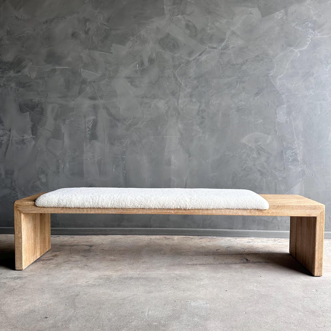 Casi White Oak Bench in Natural Finish Upholstered in Faux Sherpa 70 ...