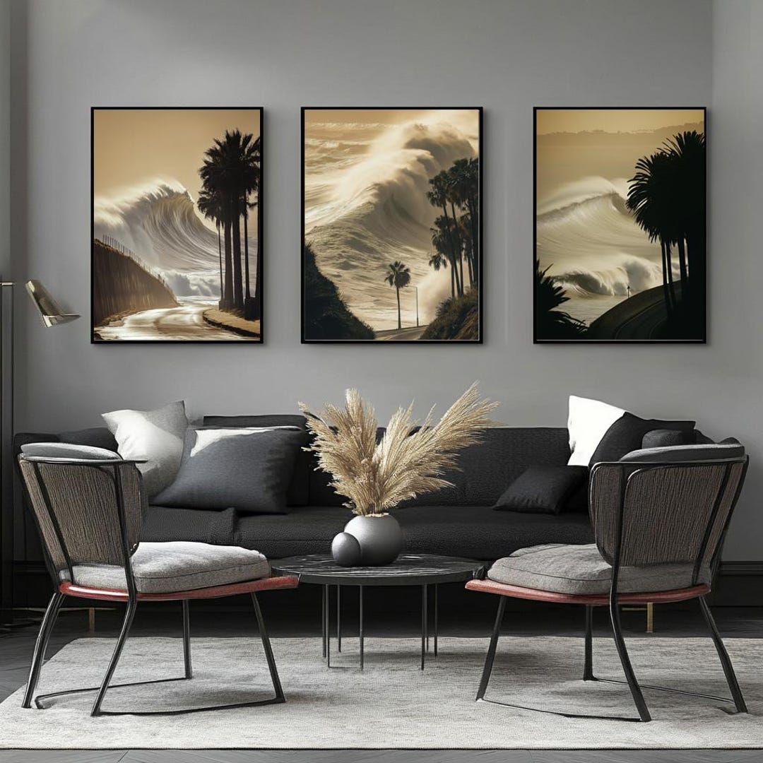 3-in-1 Ocean Print Set – Dramatic Waves, Sunset, Palm Trees – Coastal ...