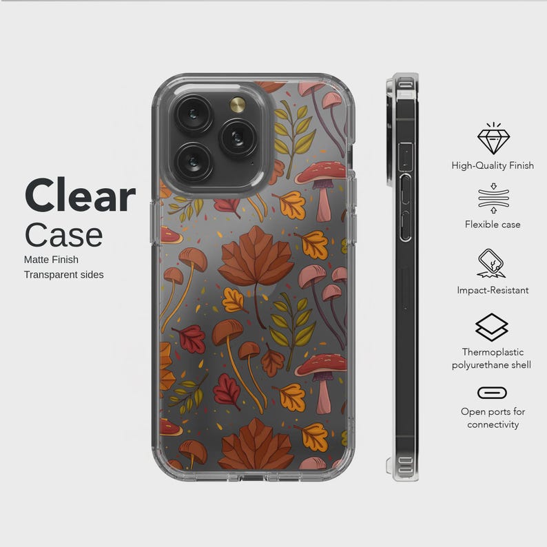 Clear Glitch Mushroom Autumn Leaf Woodland Botanical Pattern Phone Case ...