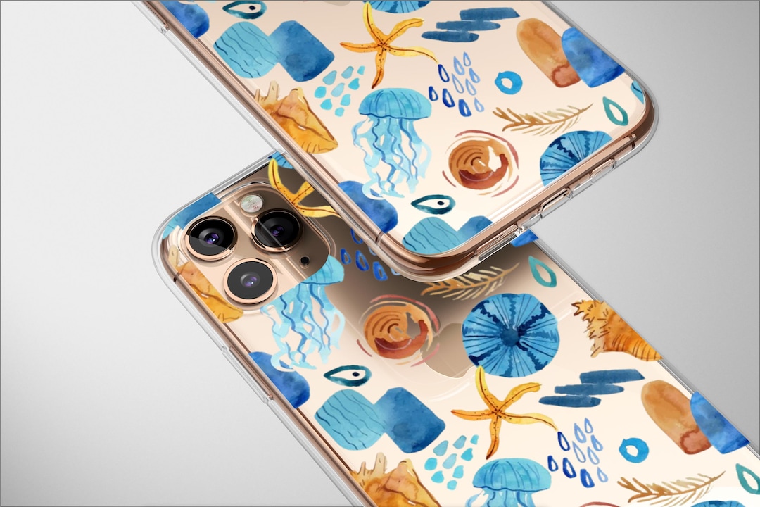 Clear Ocean Elements Watercolor Case Aesthetic Phone Cover for iPhone ...