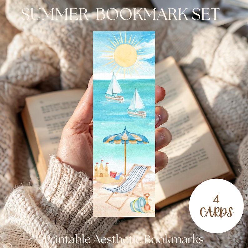 Summer Beach Printable Bookmarks – Set of 4 Digital Ocean-themed Cards ...