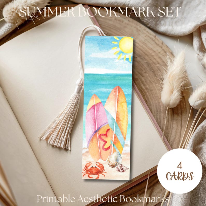 Summer Beach Printable Bookmarks – Set of 4 Digital Ocean-themed Cards ...