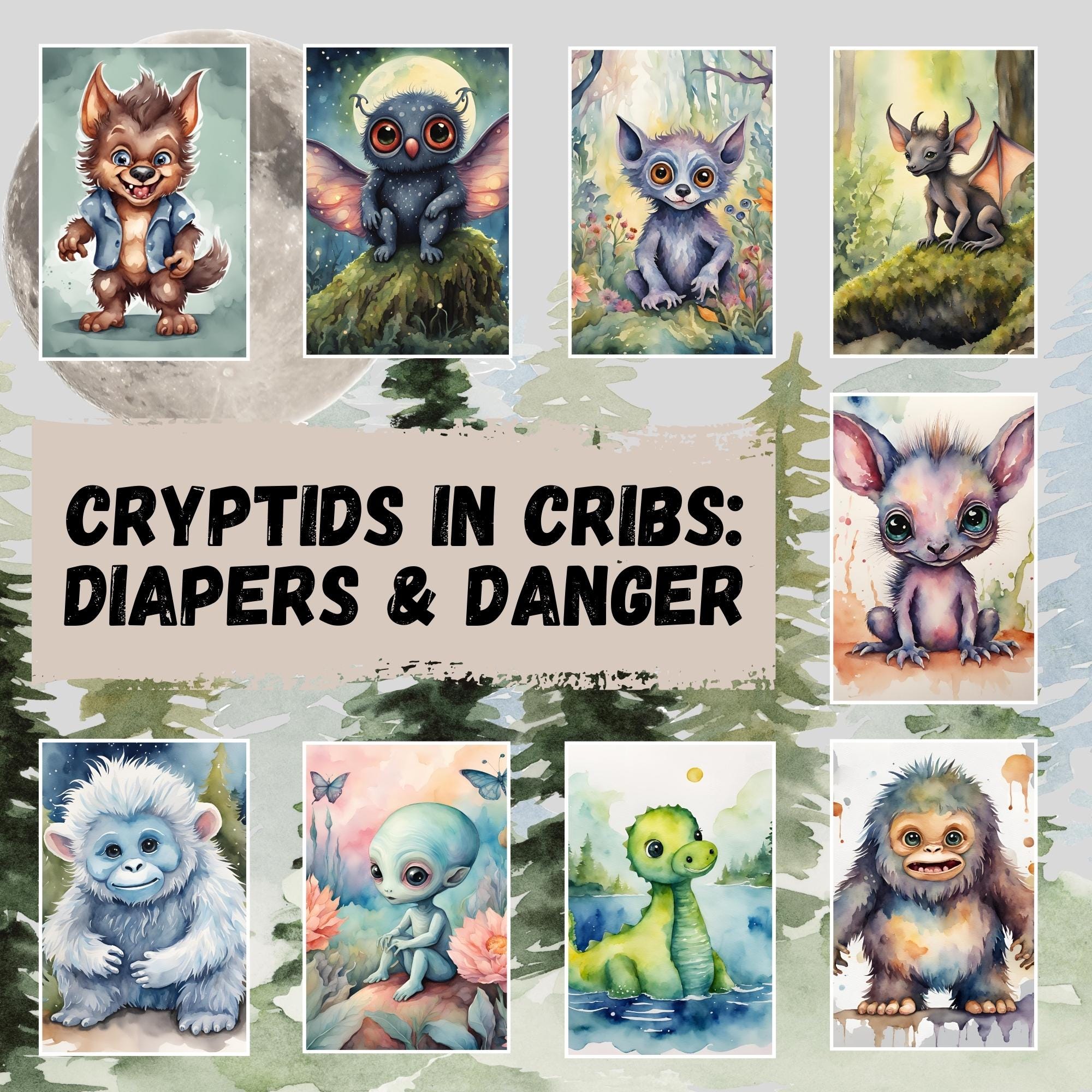 Cryptids in Cribs: Diapers & Danger Digital Art Printables, Nursery and ...