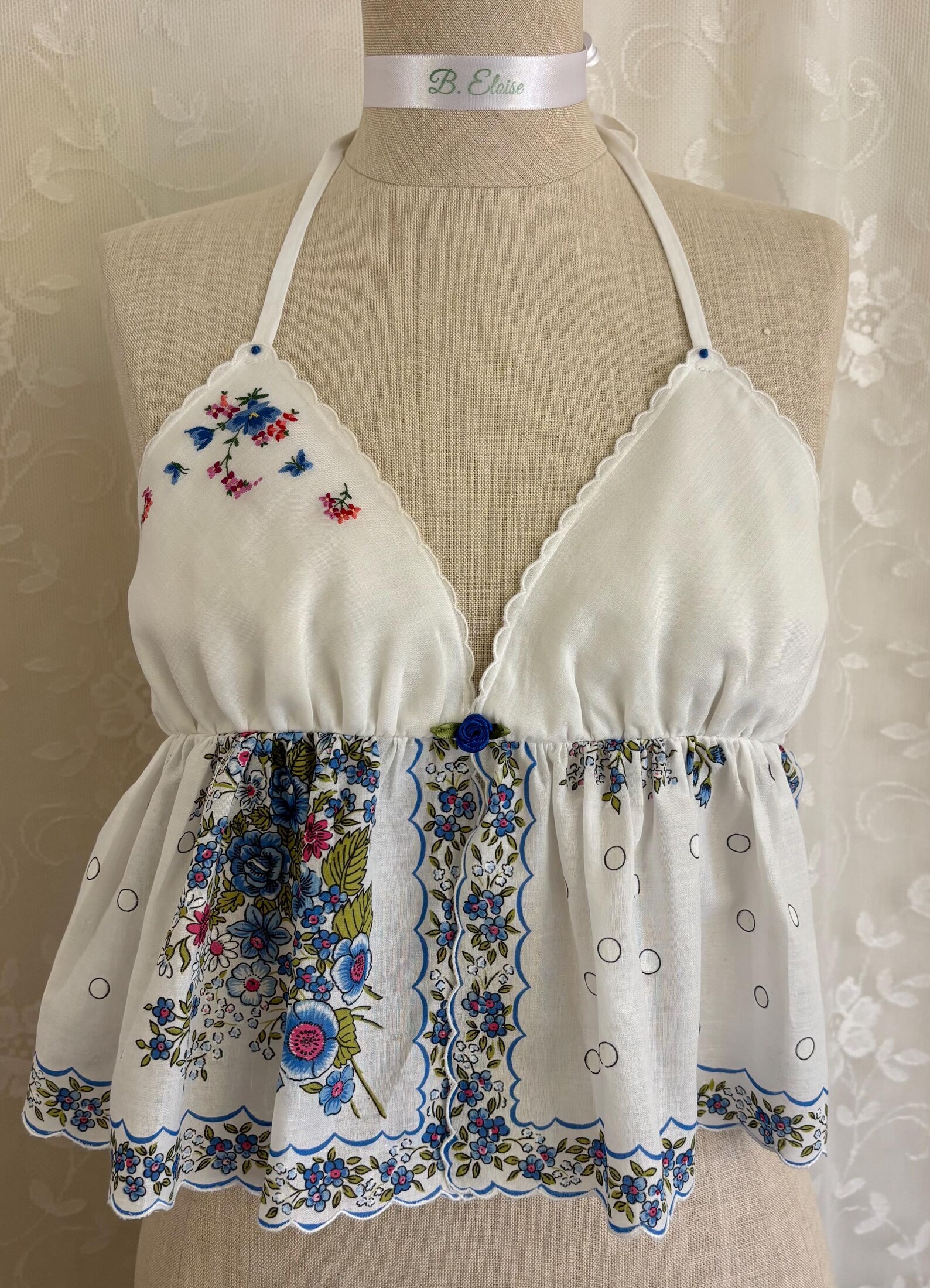 Beautiful Blue Embroidered Bodice With Vintage Hanky, Halter Top, Crop ...