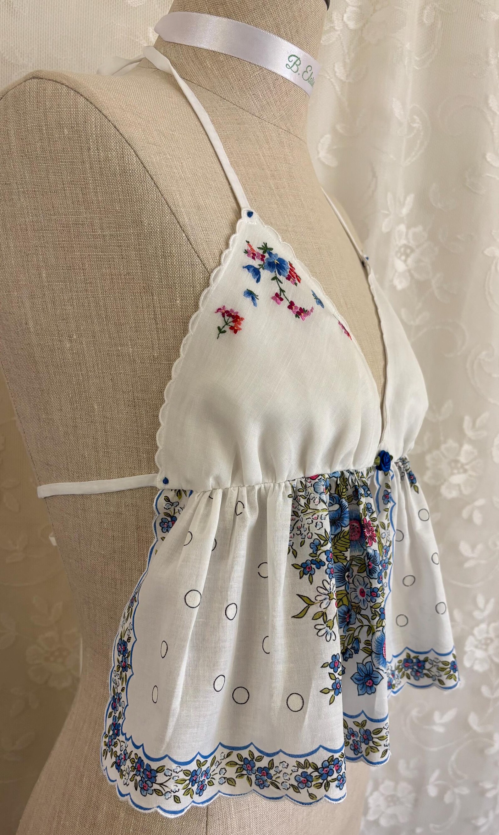 Beautiful Blue Embroidered Bodice With Vintage Hanky, Halter Top, Crop ...