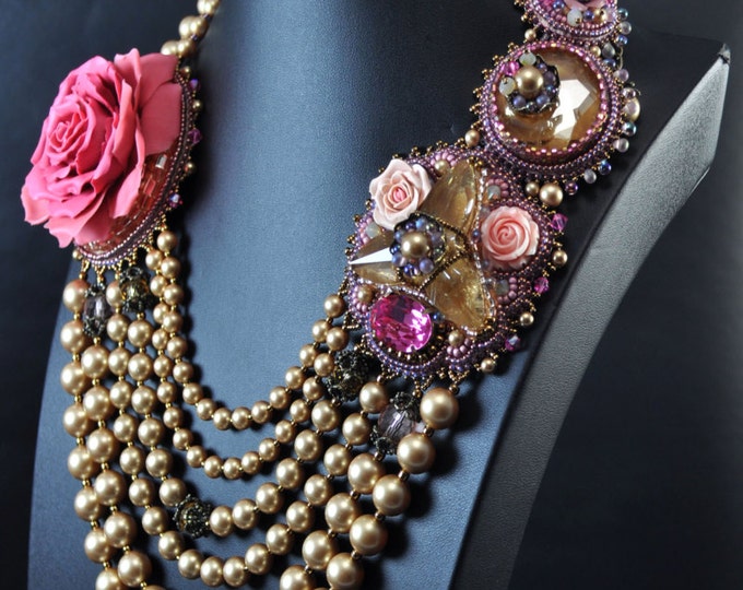 Coco, Bead Embroidered Statement Necklace, Chanel Style Necklace, Rose ...