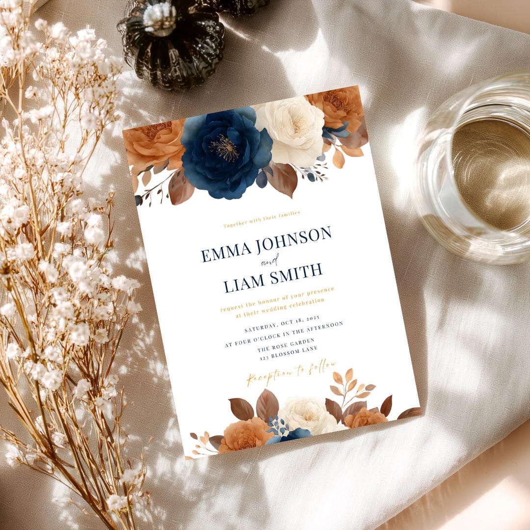 Terracotta Navy Blue Wedding Invitation Template Fall Burnt Orange Rose ...