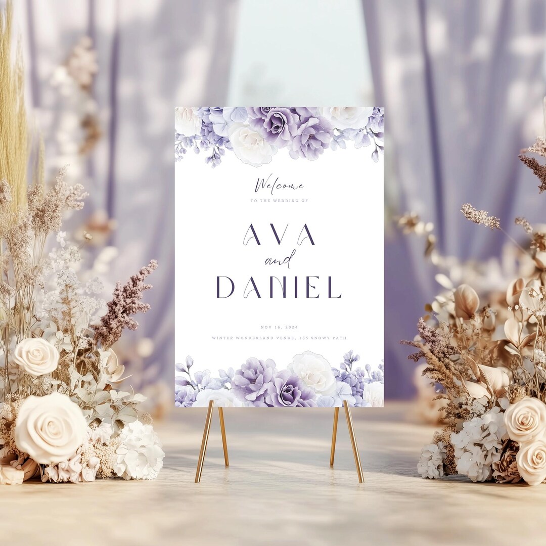 Dark Purple & White Rose Wedding Welcome Sign Canva Template Editable ...