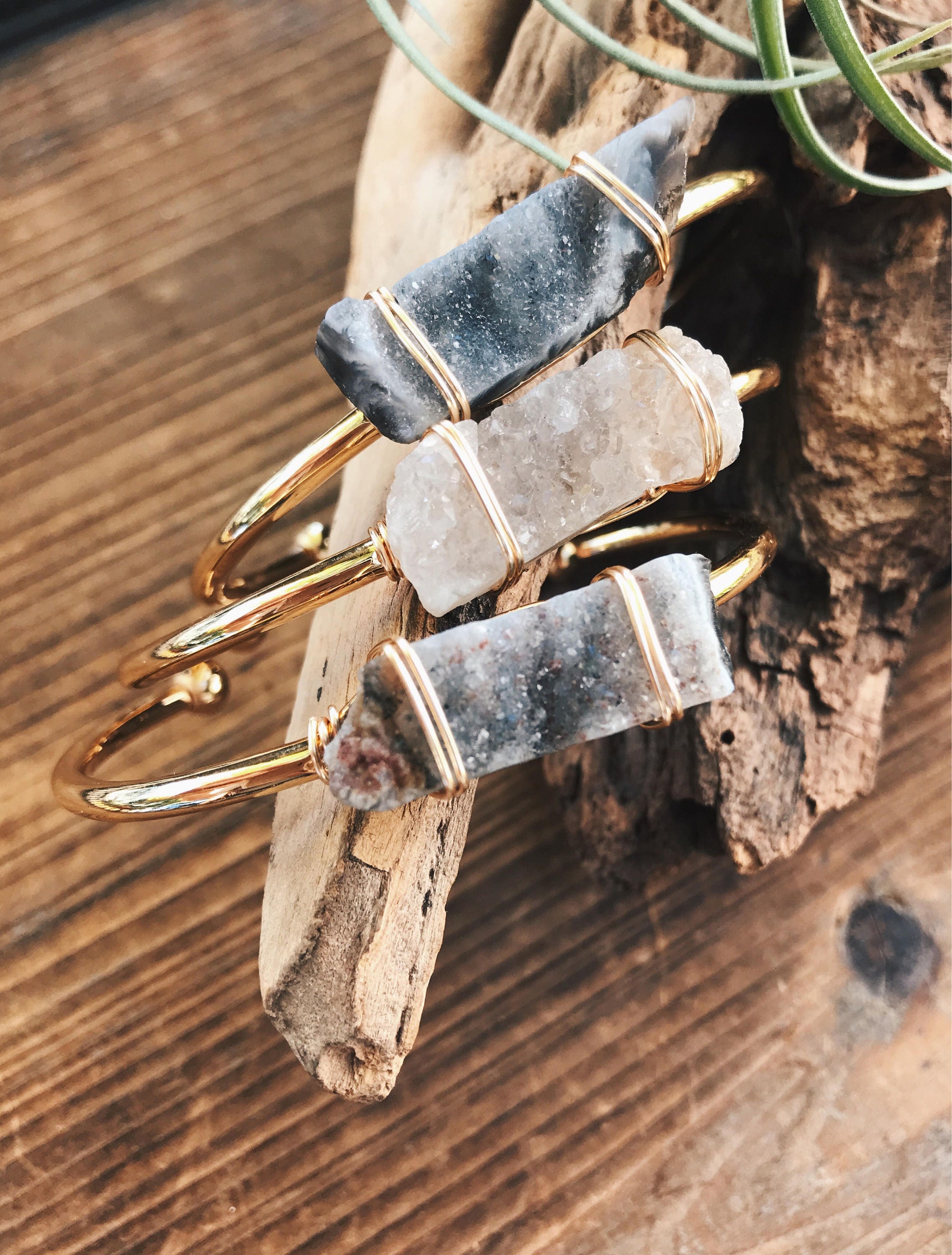 White Agate Cuff // Gold Gemstone Bangle // Agate Slice Bracelet ...