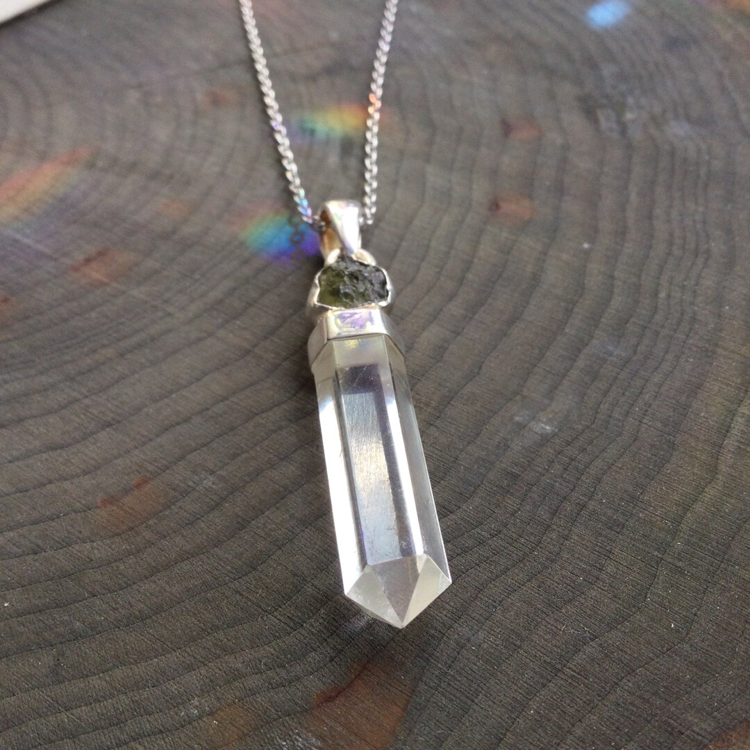 Clear Quartz Crystal Necklace, Genuine Moldavite Tektite, Sterling ...