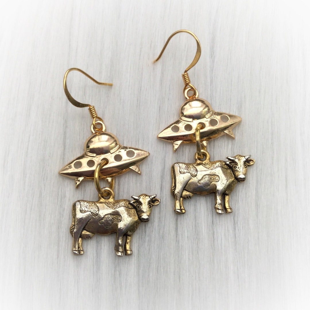 UFO Cow Dangle Earrings: Gold Alien Abduction Novelty - Etsy