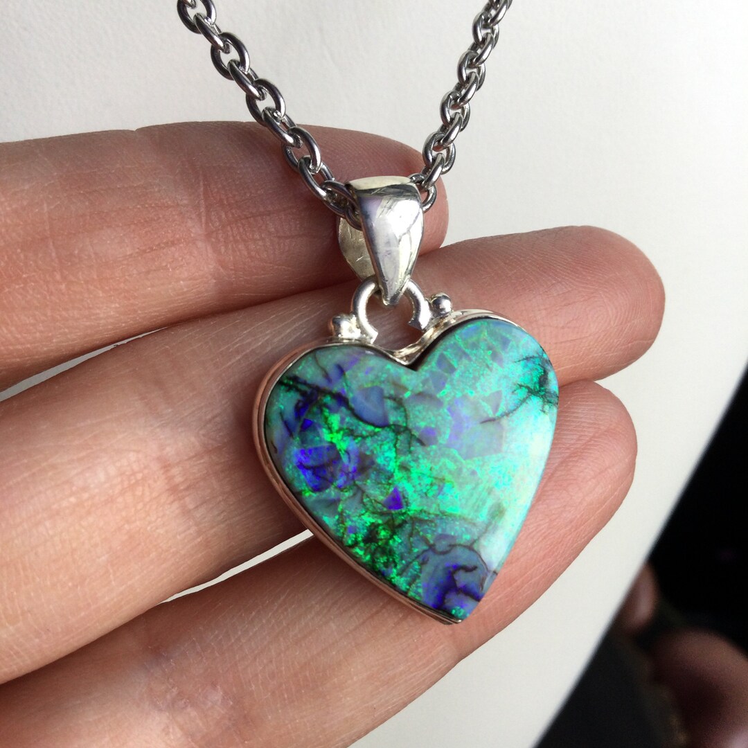 Monarch Opal Heart Necklace, Sterling Silver Pendant With Stainless ...
