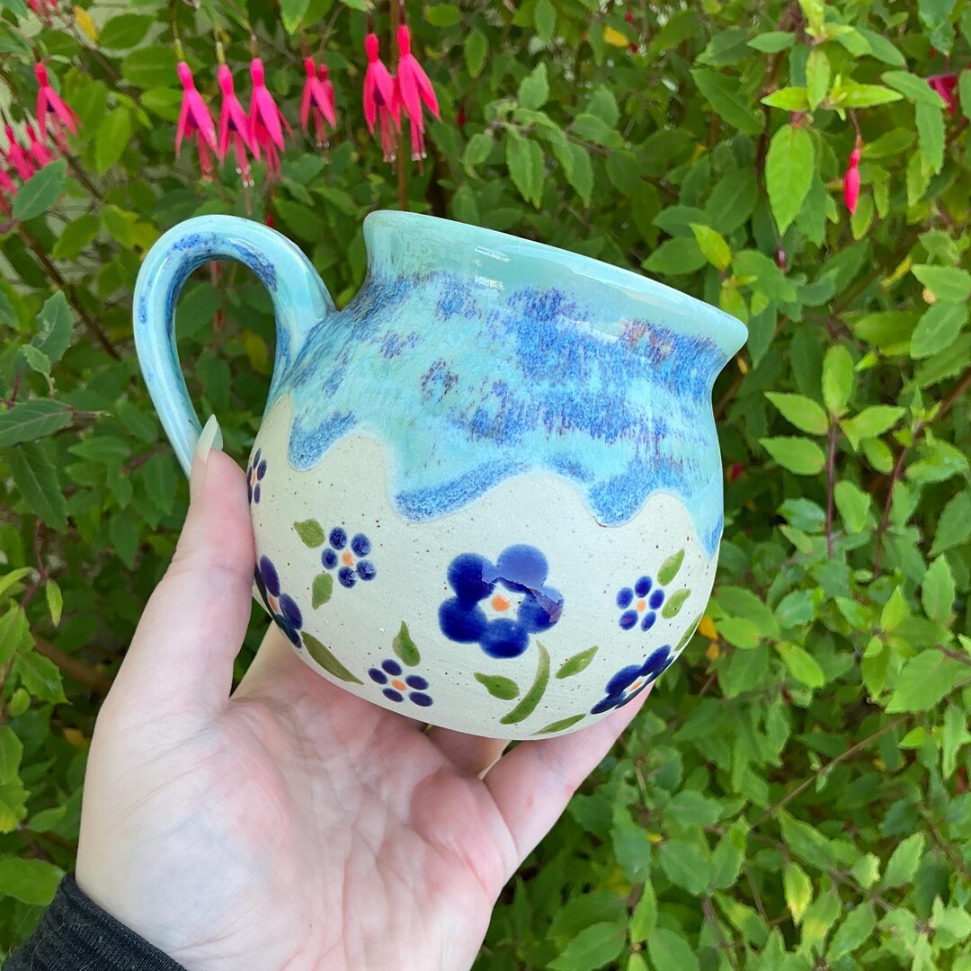 Hand Painted Ceramic Blue Drippy Glaze Mug With Flowers: Wheel Thrown ...