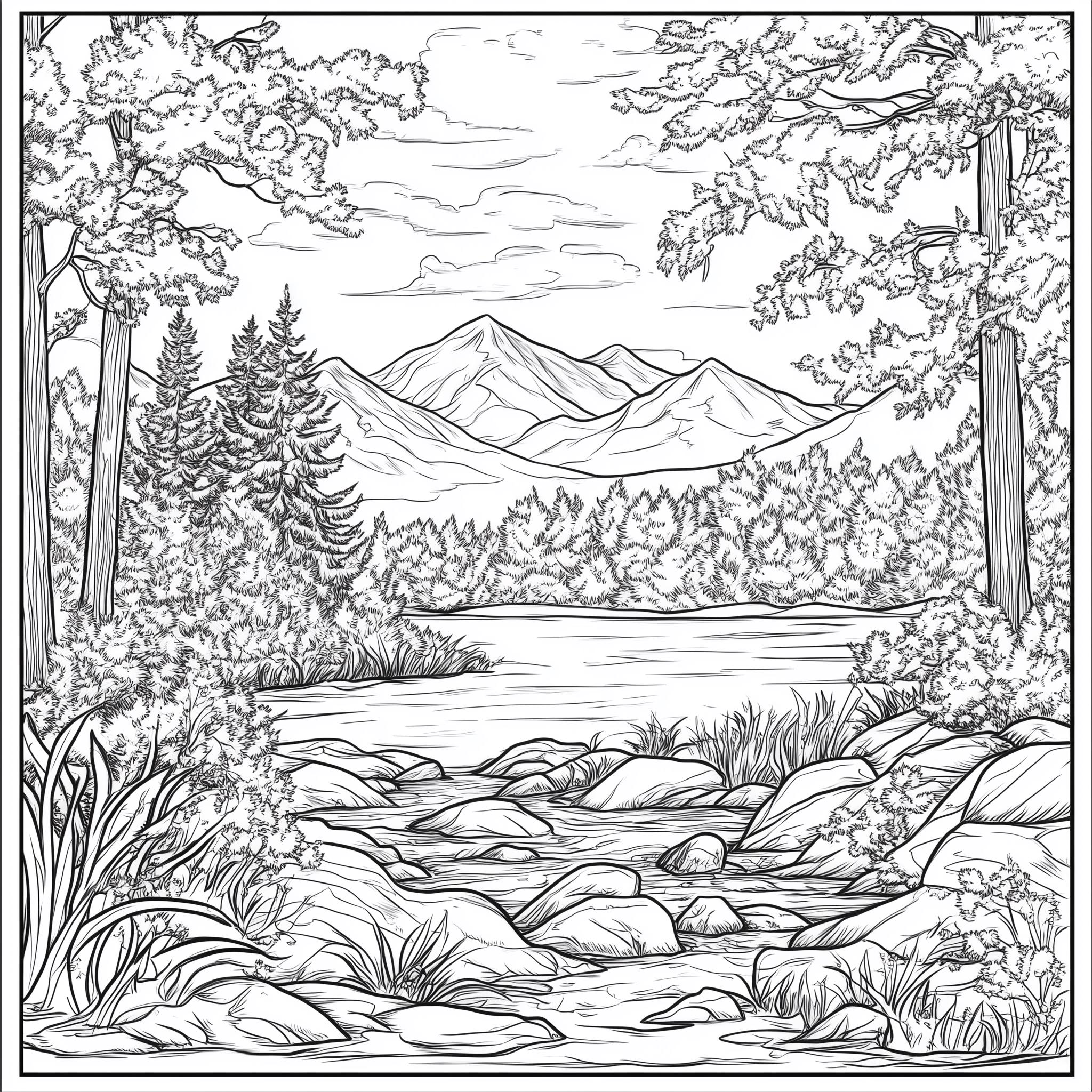 Nature-inspired Coloring Page - Printable PNG | Relaxing Scenery of ...