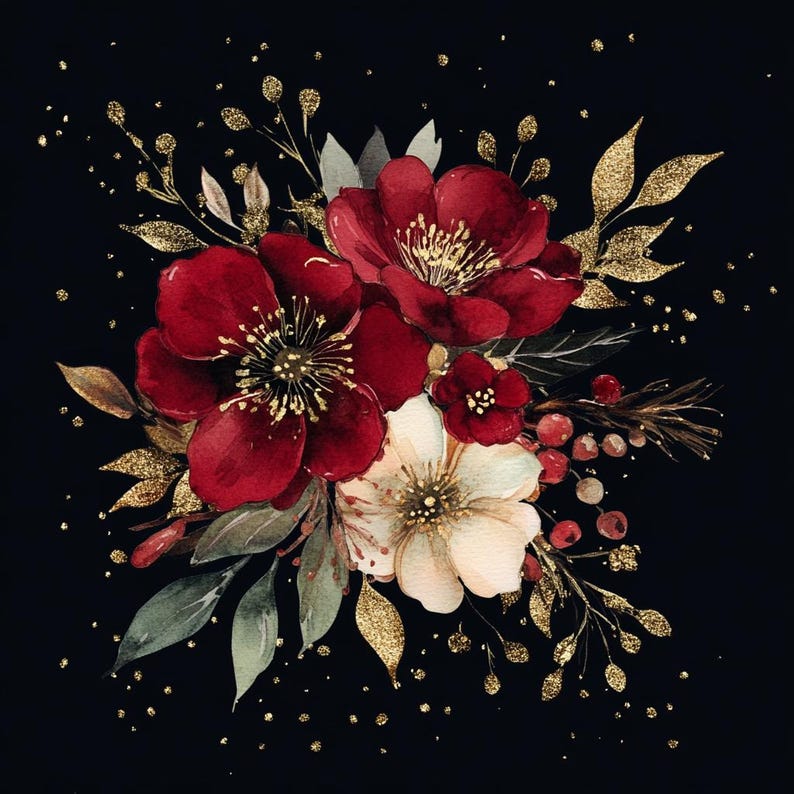 Red and Gold Glitter Floral Bouquet / Clip Art Watercolor Bouquet ...