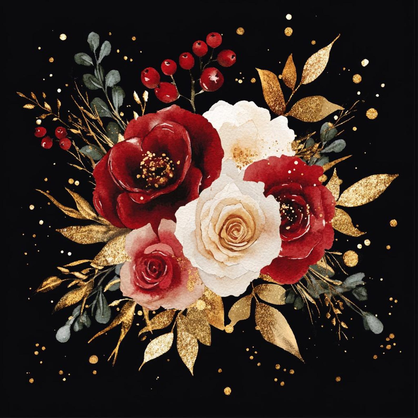 Red and Gold Glitter Floral Bouquet / Clip Art Watercolor Bouquet ...
