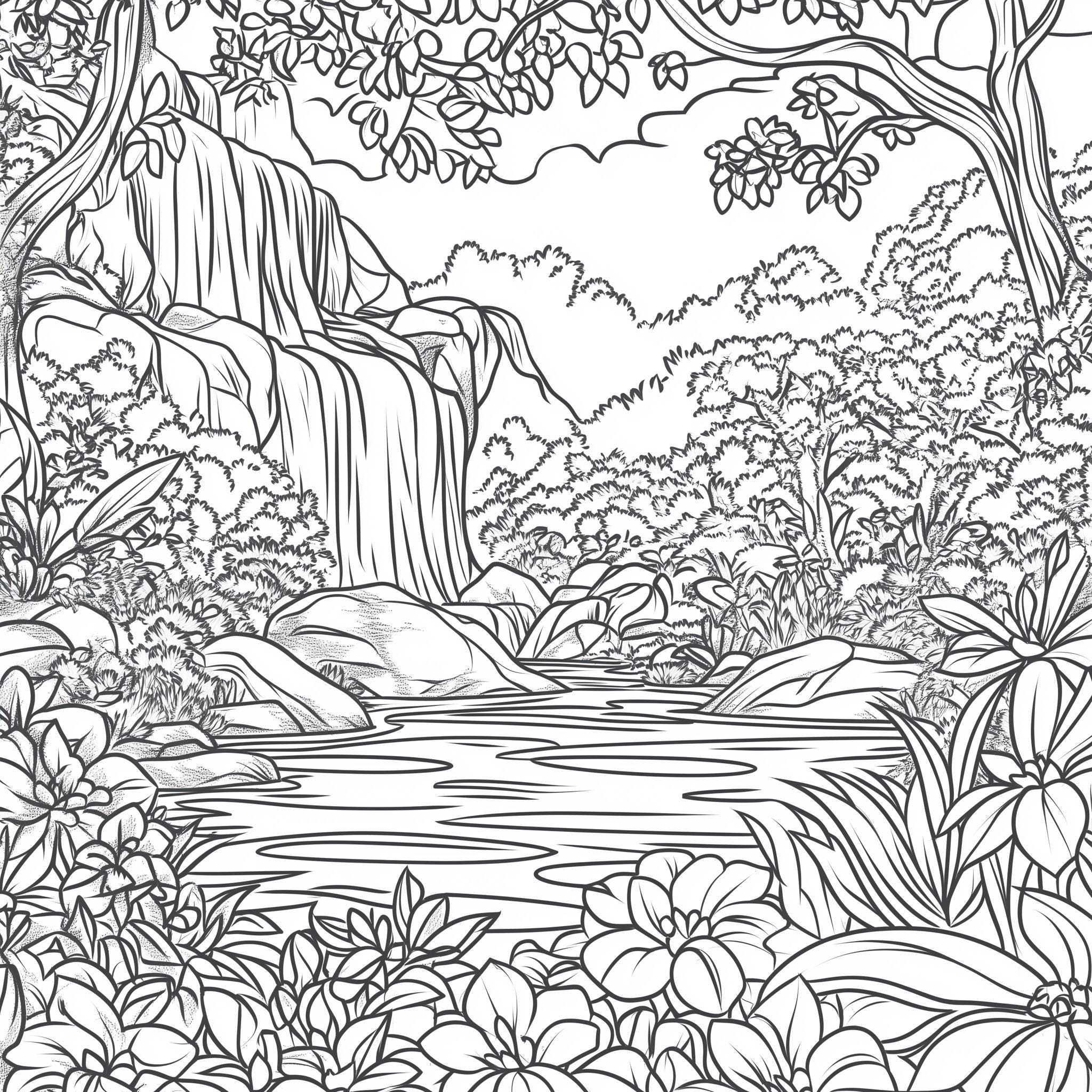 Nature-inspired Coloring Page - Printable PNG | Relaxing Scenery of ...