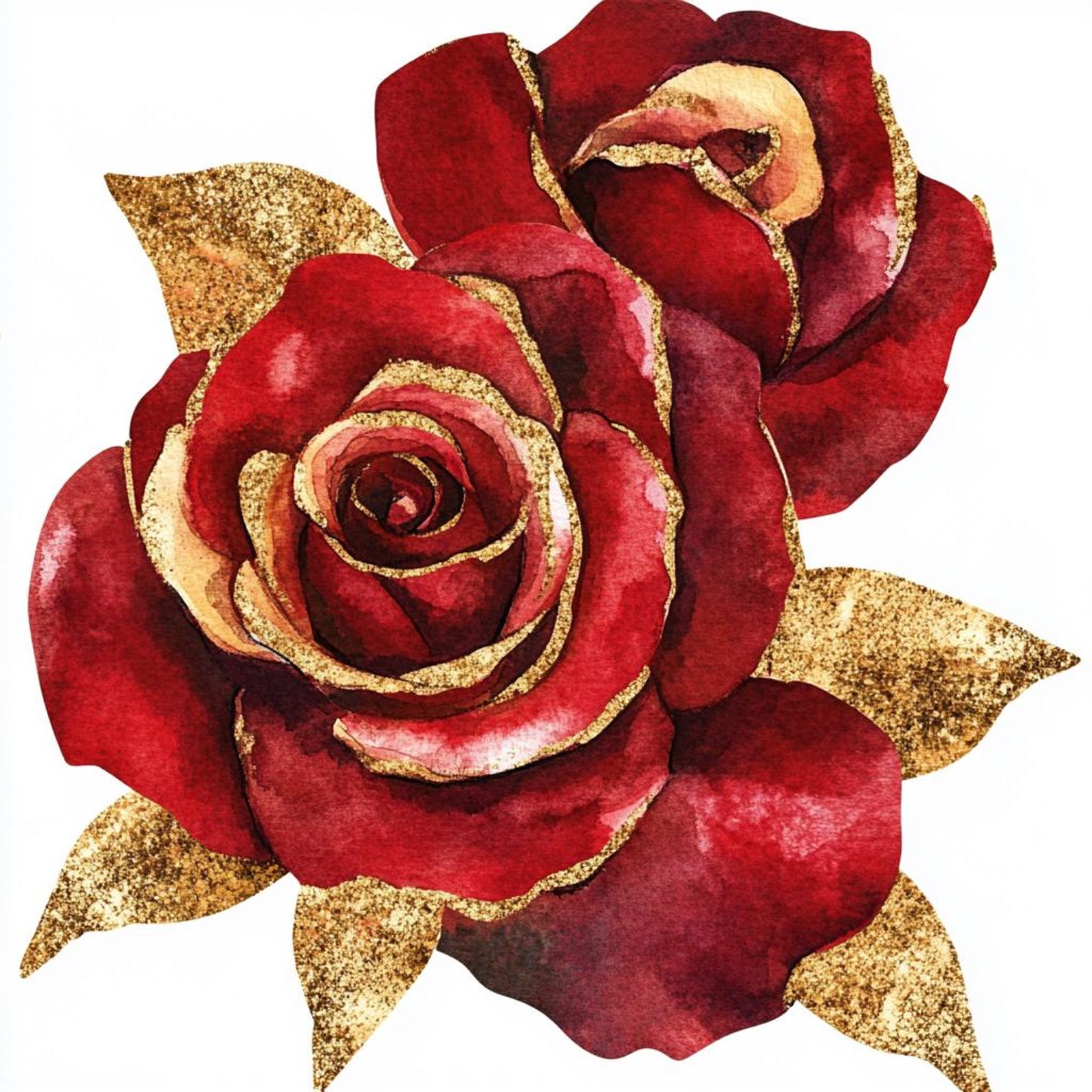 Red and Gold Glitter Floral Bouquet / Clip Art Watercolor Bouquet ...