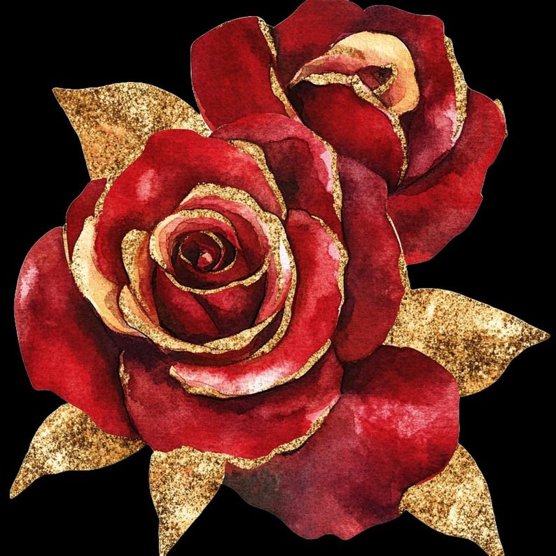 Red and Gold Glitter Floral Bouquet / Clip Art Watercolor Bouquet ...