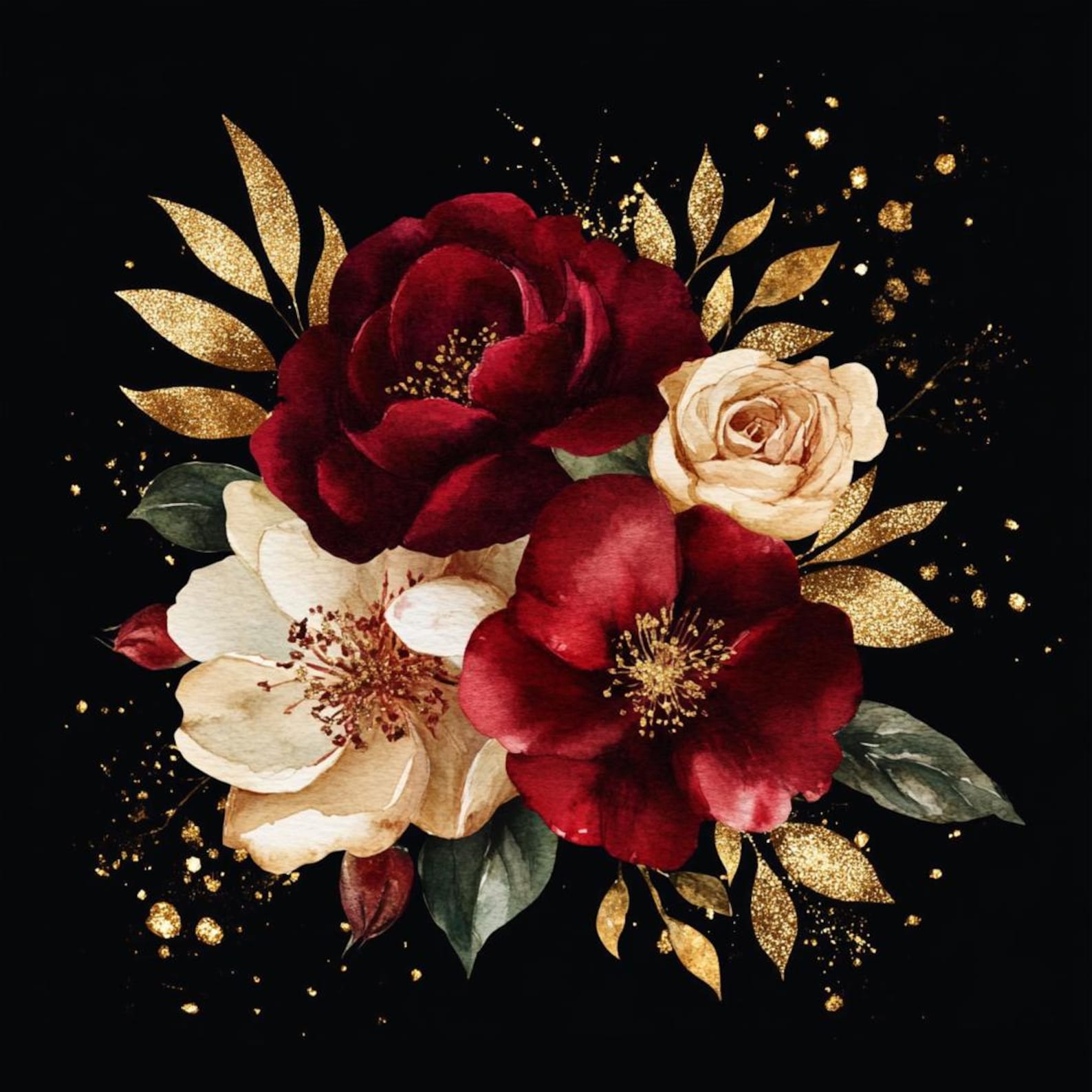 Red and Gold Glitter Floral Bouquet / Clip Art Watercolor Bouquet ...