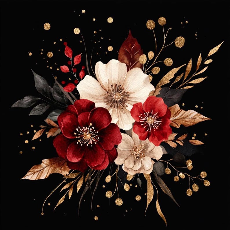 Red and Gold Glitter Floral Bouquet / Clip Art Watercolor Bouquet ...