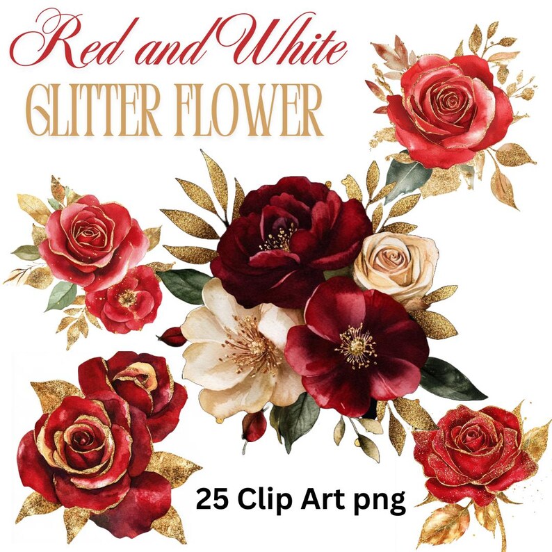 Red and Gold Glitter Floral Bouquet / Clip Art Watercolor Bouquet ...