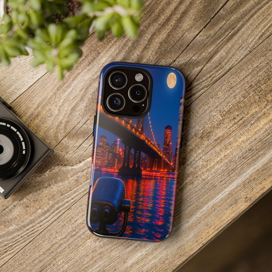 Vibrant NYC Skyline Night View Phone Case, Manhattan Bridge and Full ...