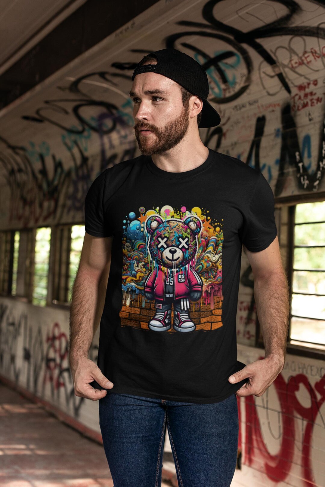 Trippy Teddy Streetwear T-shirt, Graffiti Bear Art Tee, Urban Drip ...