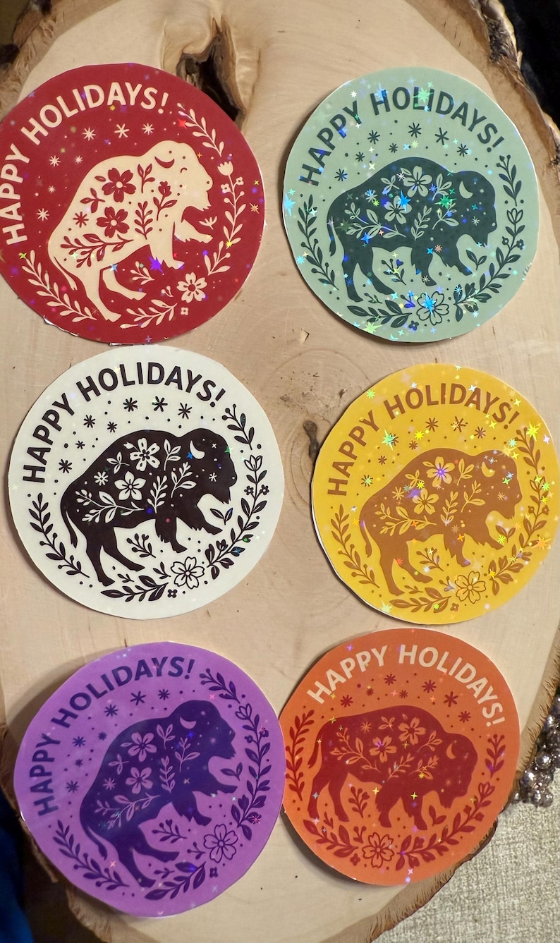 Happy Holidays Buffalo Stickers | 3 Inch Holographic Waterproof ...
