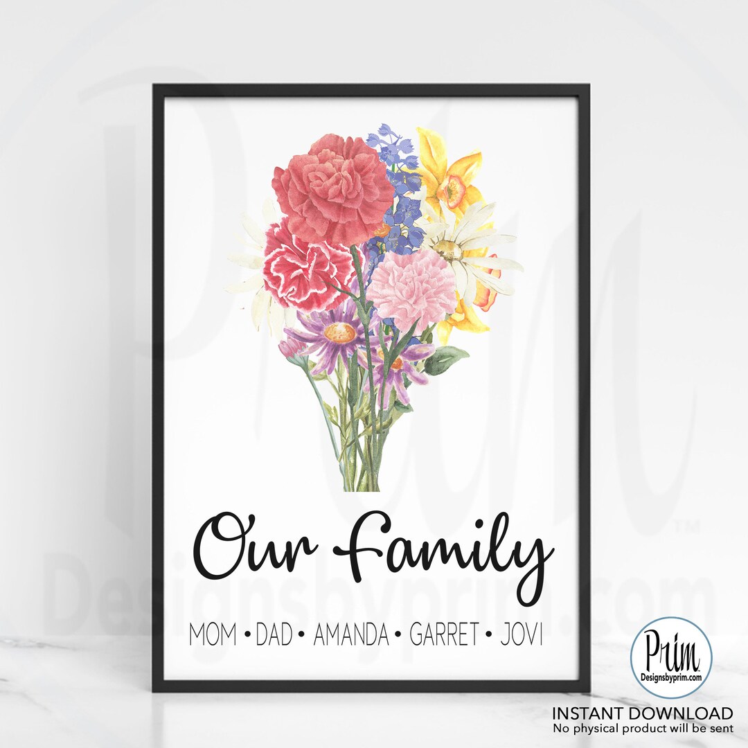 Our Family Print, Family Birth Flower Bouquet, Custom Flower Art ...