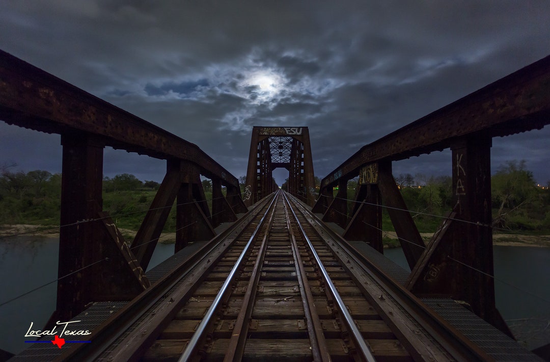 Moonlight on the Tracks - Train Trestle Under a Full Moon and Cloudy ...