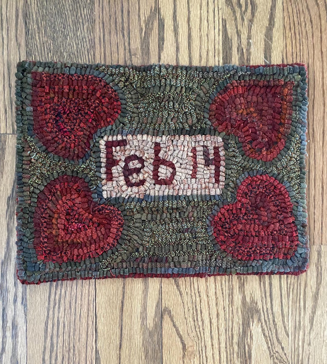 Handmade Primitive Style Folk Art Hooked Rug Mat Feb 14 Valentines Day ...