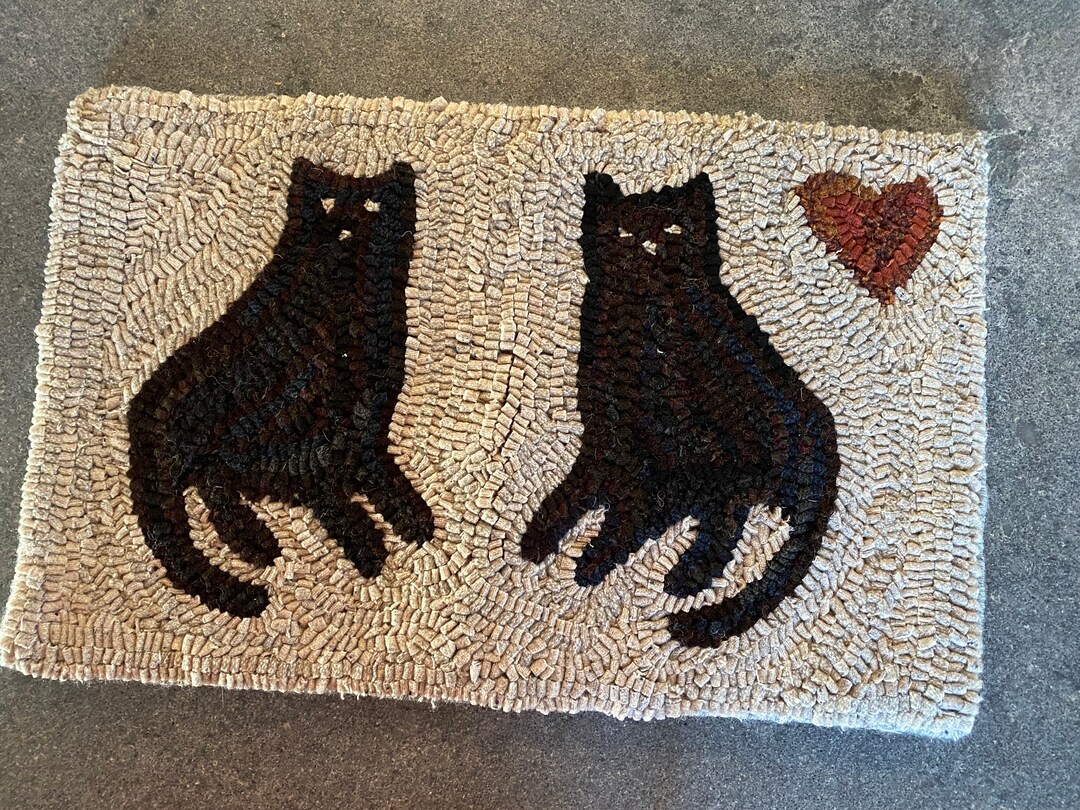 Cats With Heart Primitive Style Hooked Rug - Etsy