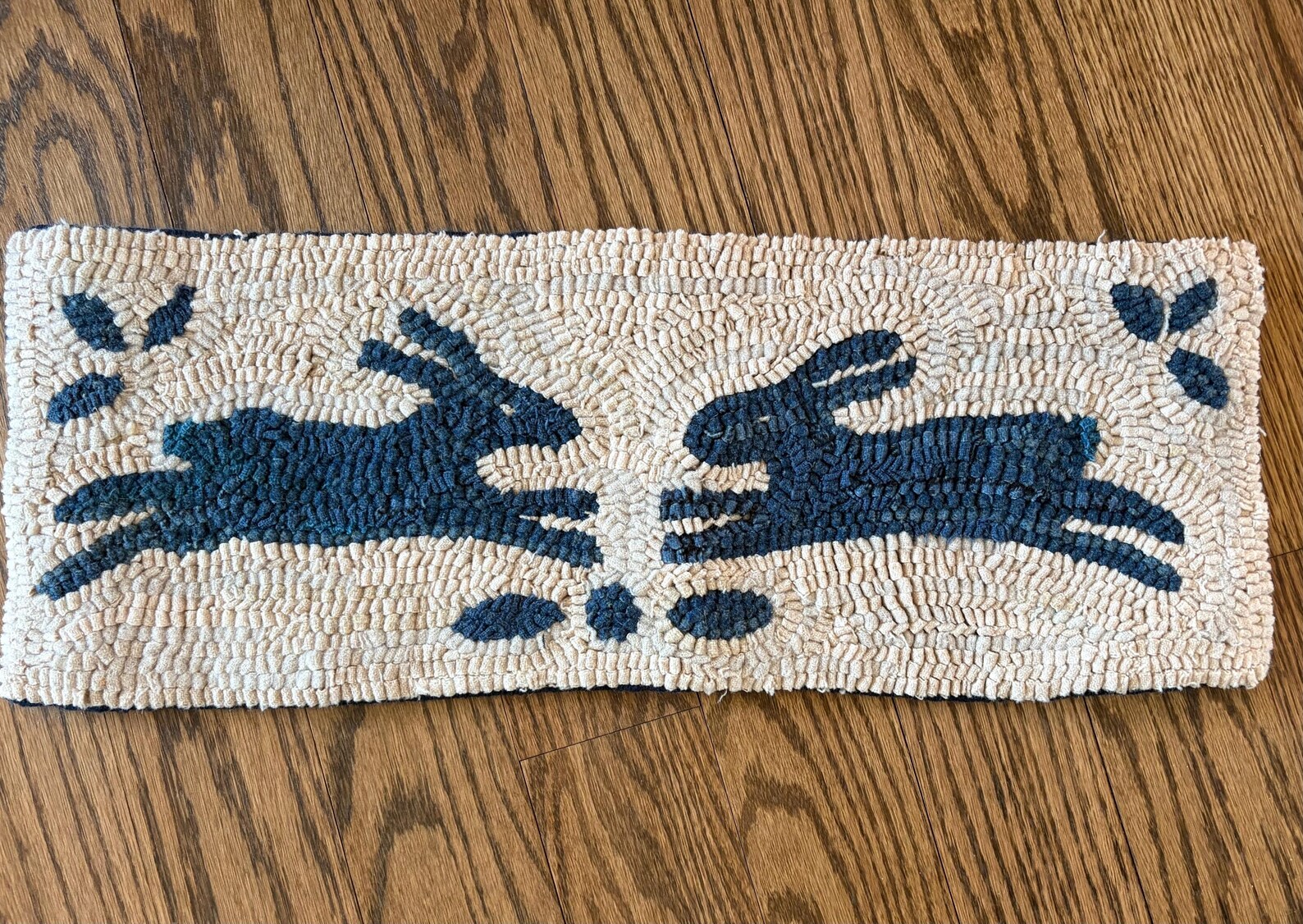 Blue and Tan Primitive Style Hooked Rug Runner Rabbit Pair in Light ...
