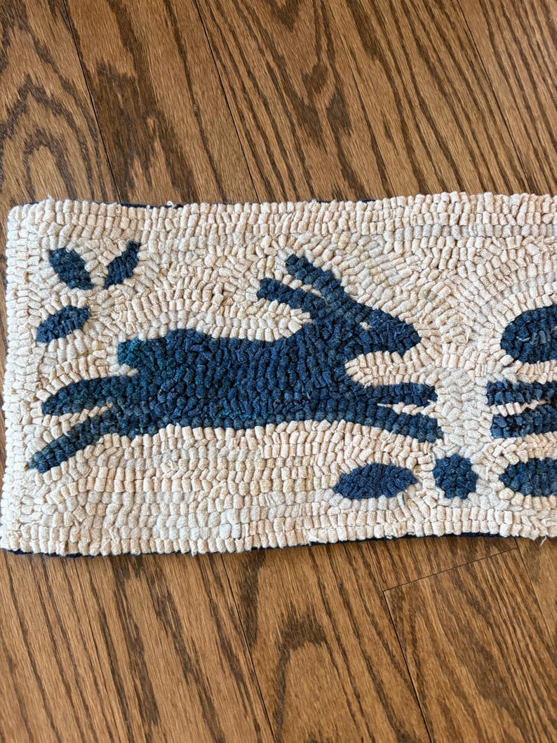 Blue and Tan Primitive Style Hooked Rug Runner Rabbit Pair in Light ...