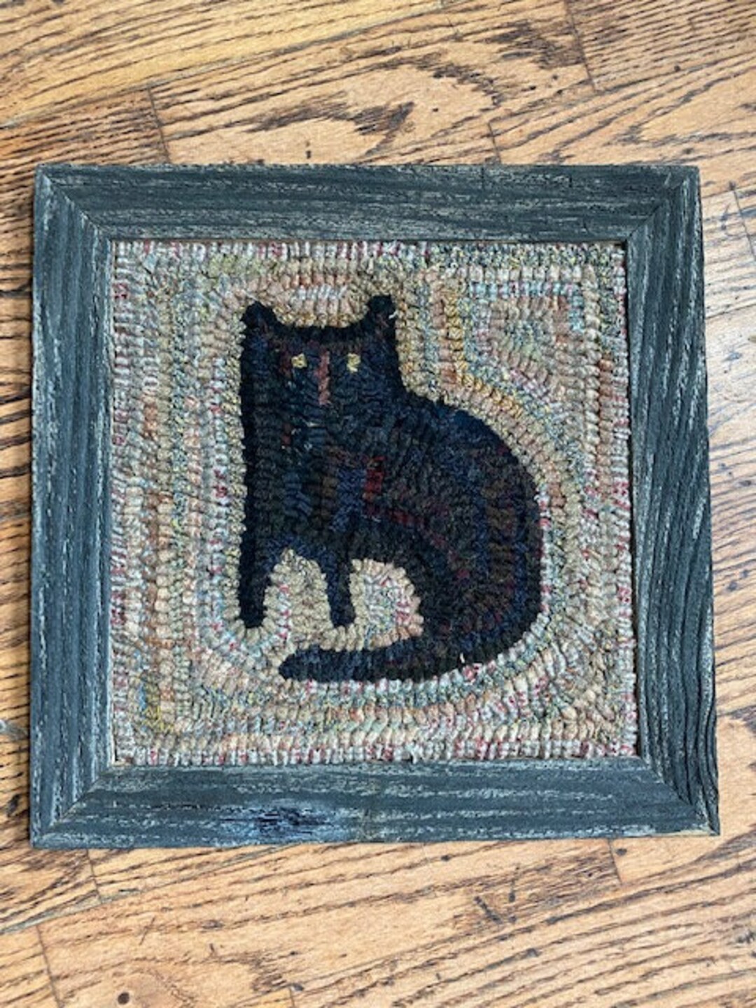 Large Framed Hooked Cat Rug Mat in Barnwood Frame Primitive Folk Style ...