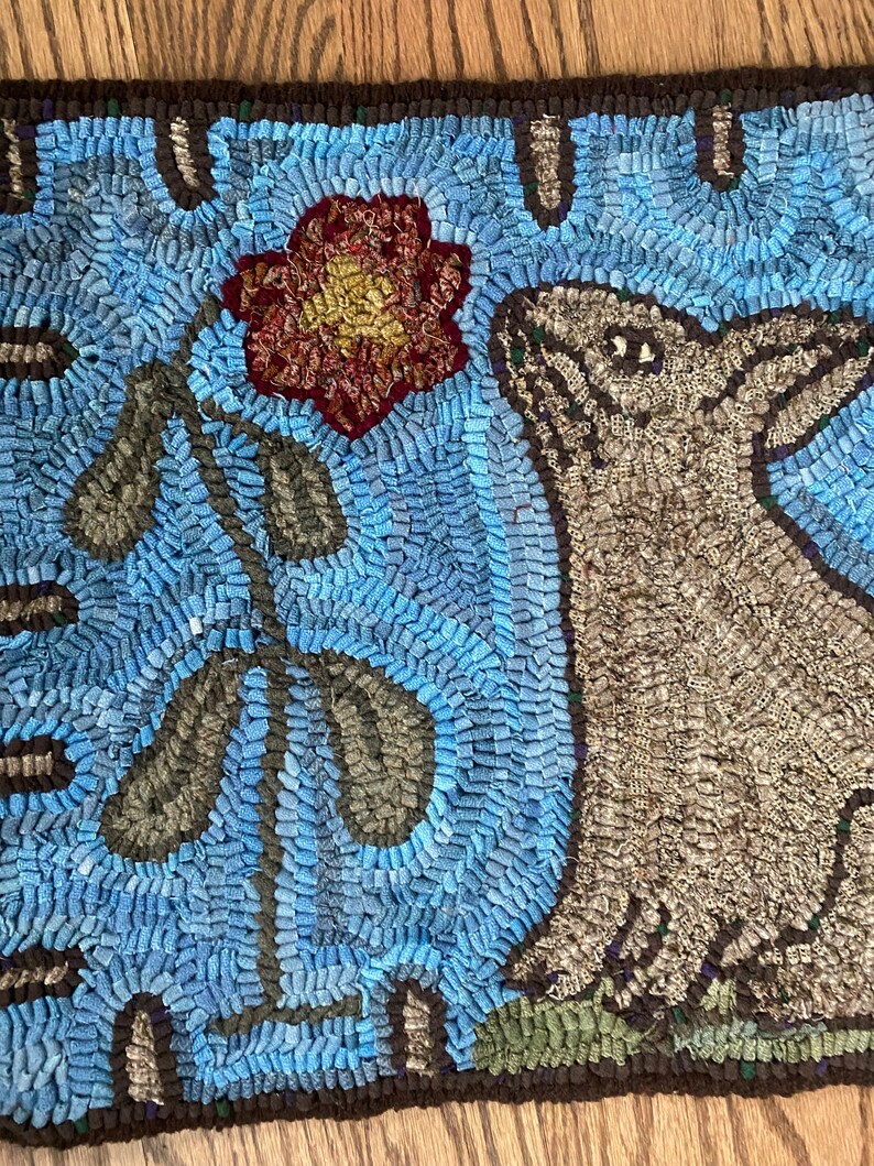 Hand Made Primitive Style Rug Rabbit in Garden With Flowers Bright and ...