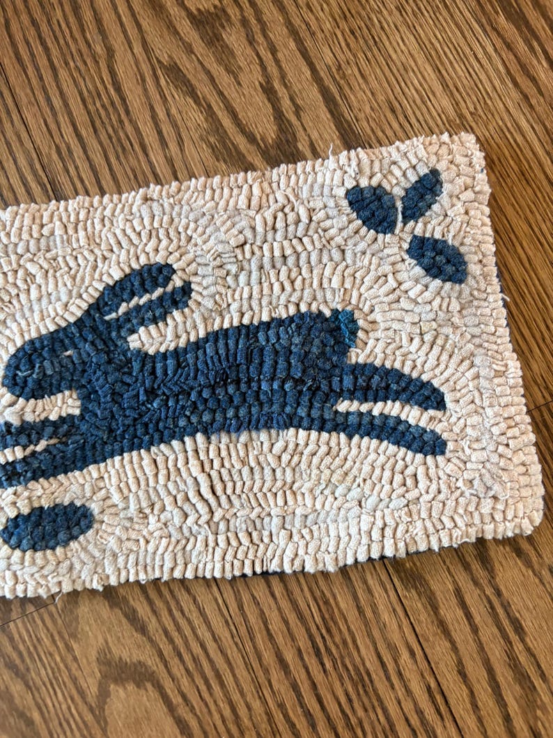 Blue and Tan Primitive Style Hooked Rug Runner Rabbit Pair in Light ...