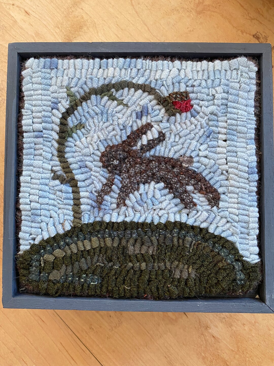 Hand Made Small Leaping Bunny Rabbit Hooked Rug on Painted Wooden ...
