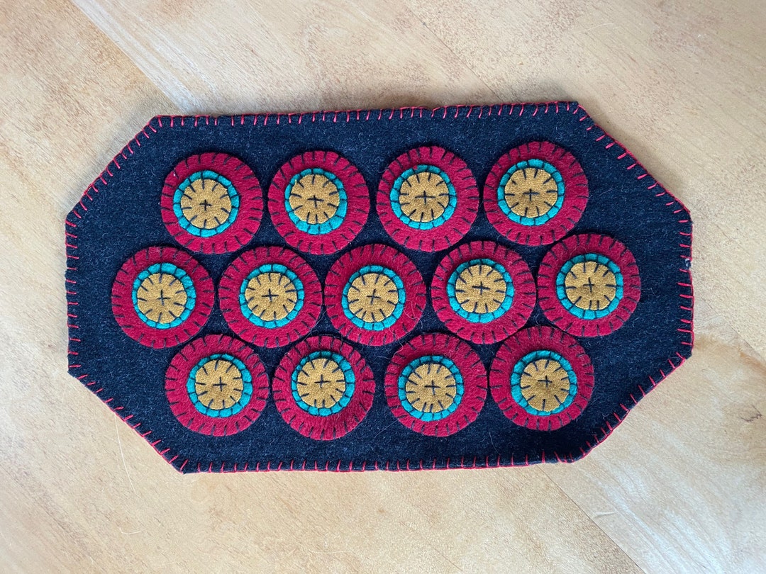 Handmade Wool Penny Rug Runner Red Green Mustard on Black Primitive ...