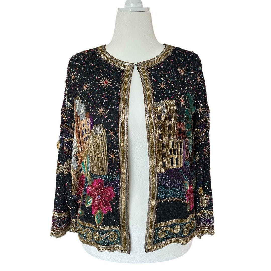 Vintage 80s Glam Sequin Arabian Night Scene Black Beaded Jacket Size S ...