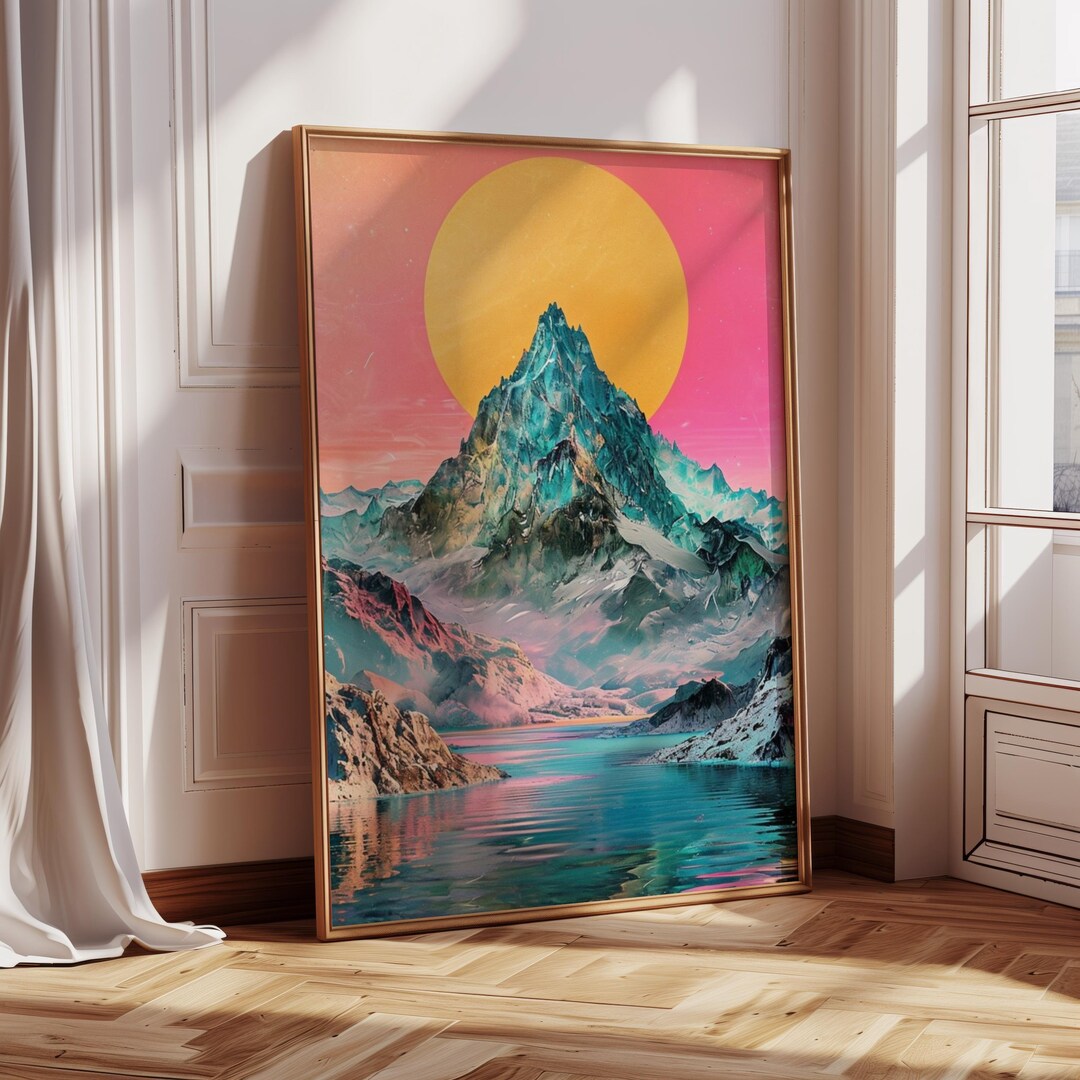 Neon Mountain Digital Print - Surreal Sci-fi Landscape Wall Art - Retro ...