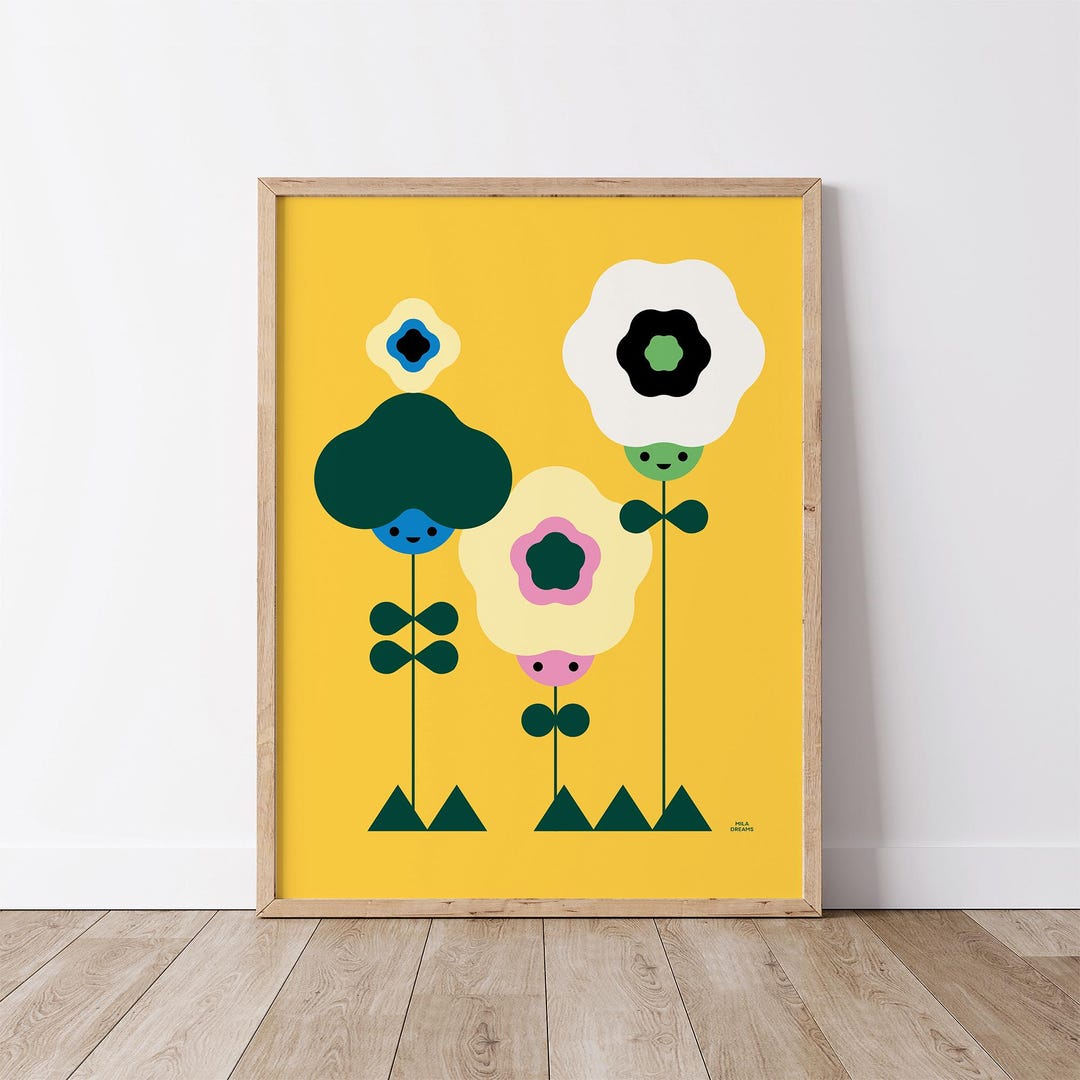 Be Happy Flowers Art Print - Whimsical Illustration of Smiling Flowers ...