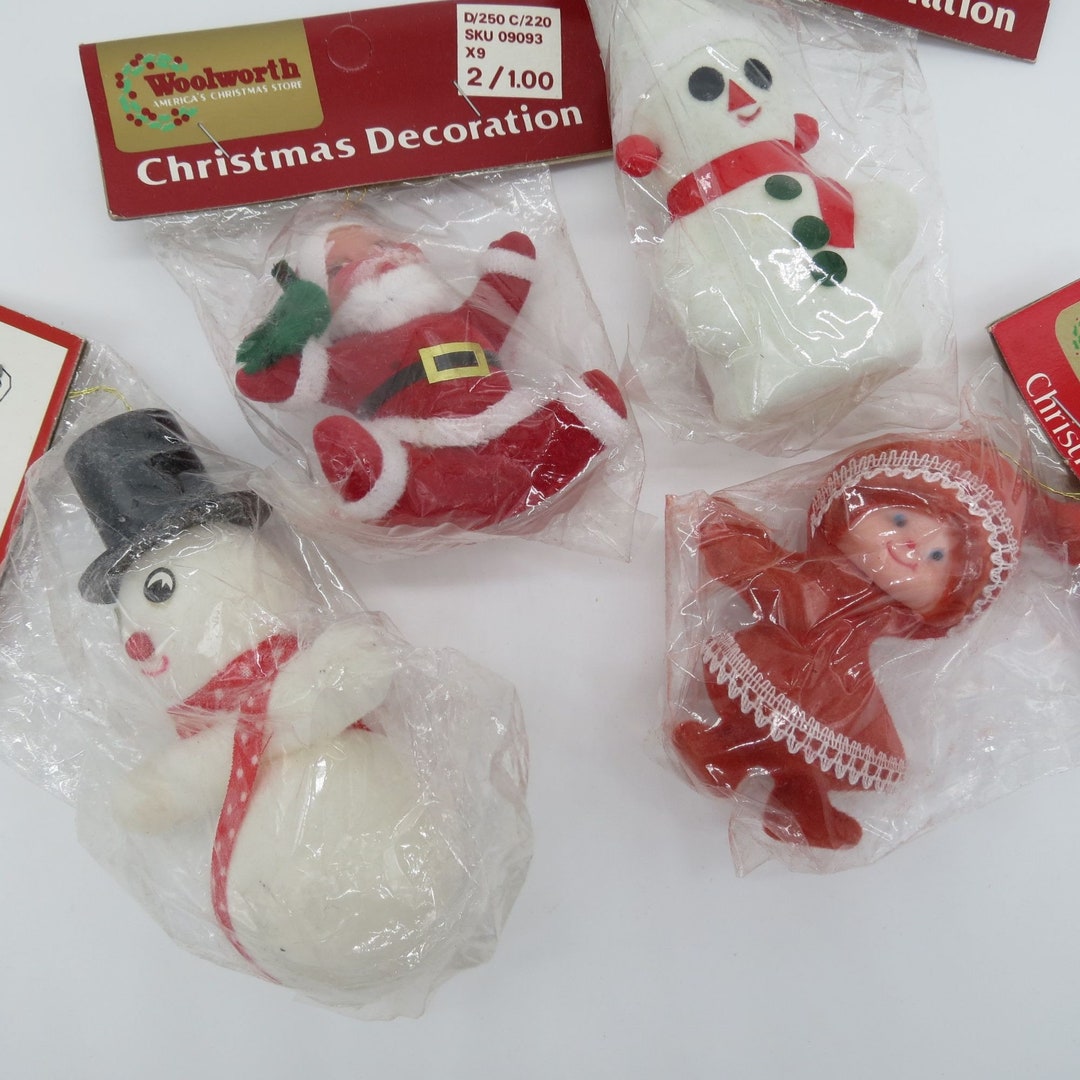 VINTAGE Deadstock Flocked Christmas Ornaments X4 Snowman Santa - Etsy