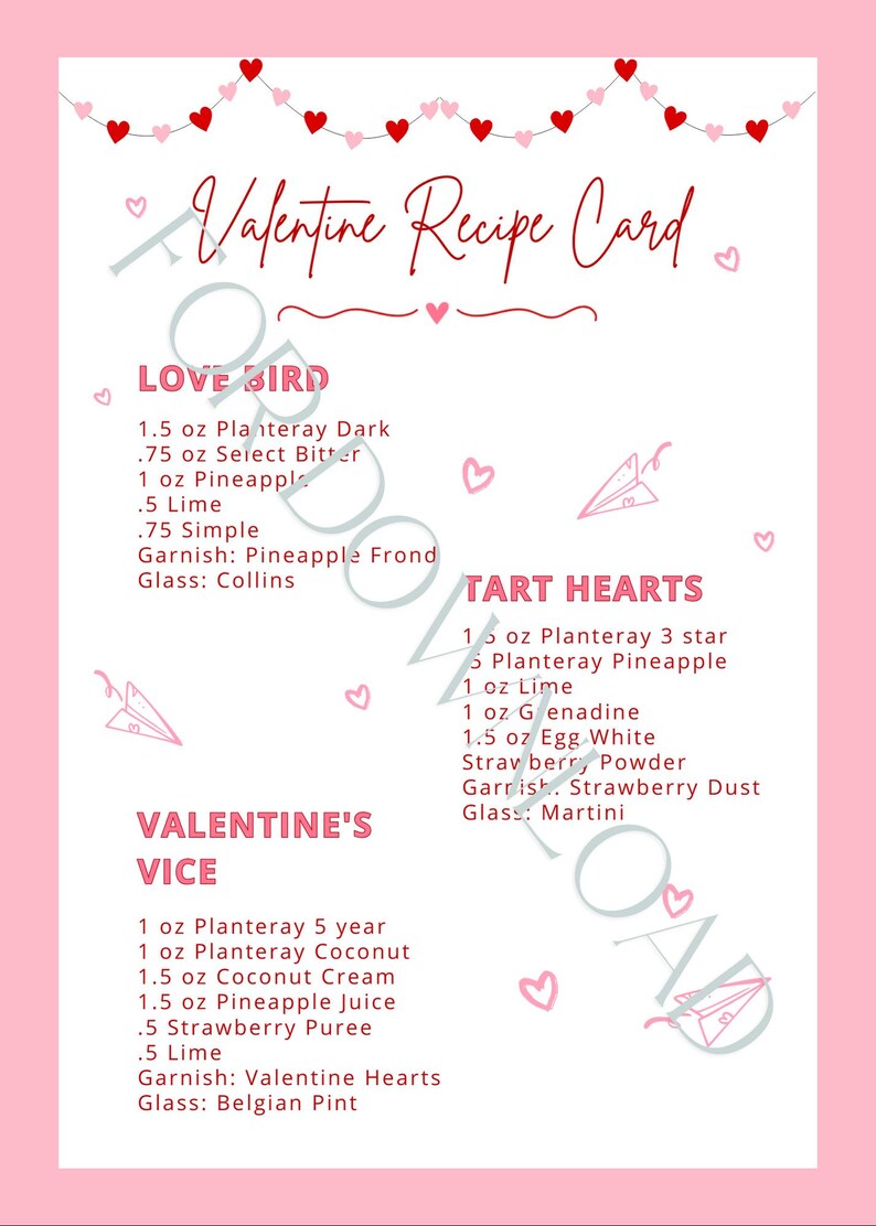 Valentine's Cocktail Menu and Drink Recipe Card (5x7) - Etsy