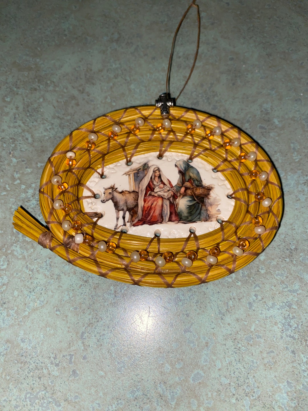 Joseph Mary Baby Jesus Pine Needle Christmas Ornament 4''x 3 1/4'' # 56 ...