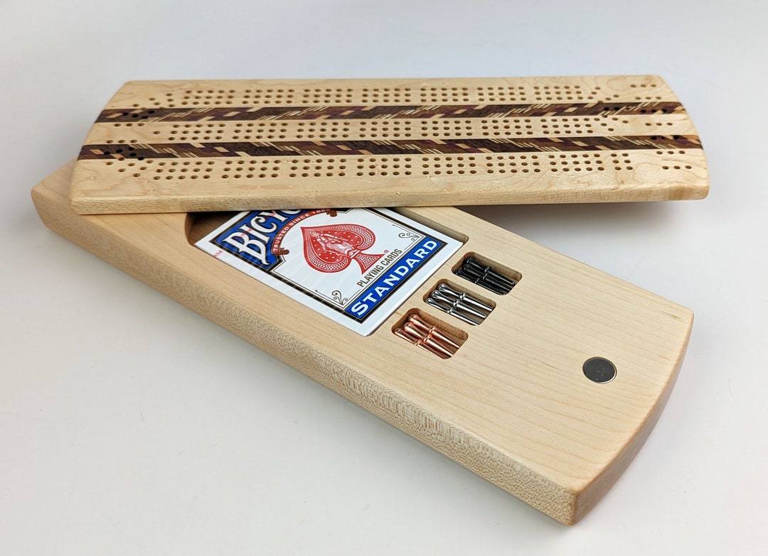 3 Player MAPLE Continuous Track Cribbage Board, Card and Peg Storage ...