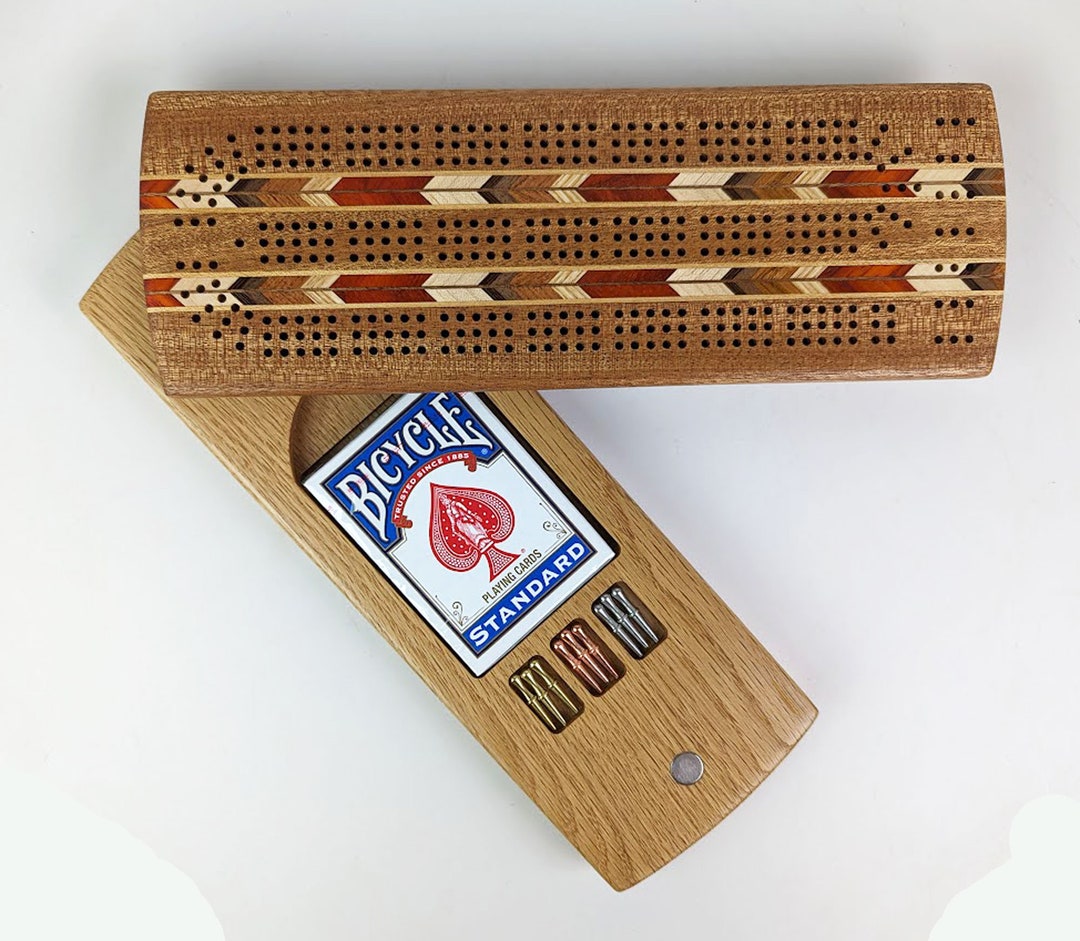 3 Player SAPELE OAK Continuous Track Cribbage Board, Card and Peg ...