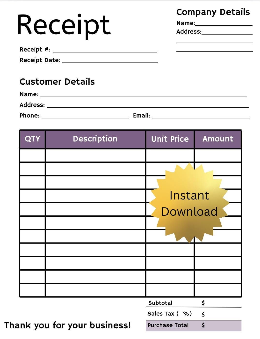 Printable Receipt -- PDF || Receipt Template || Small Business ...